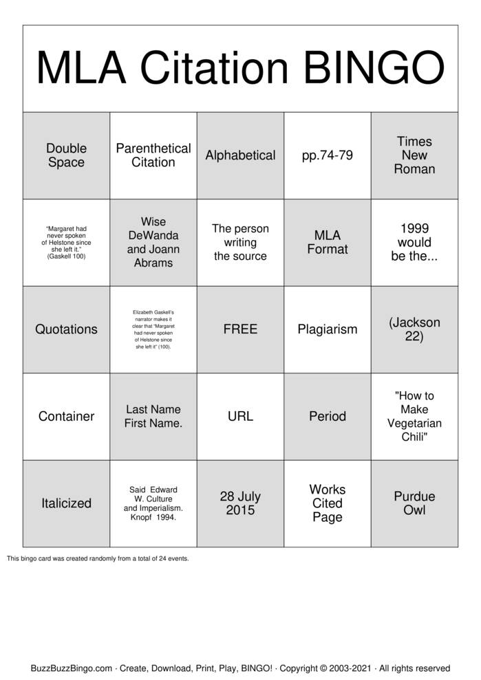 MLA Citation Bingo Cards to Download, Print and Customize!