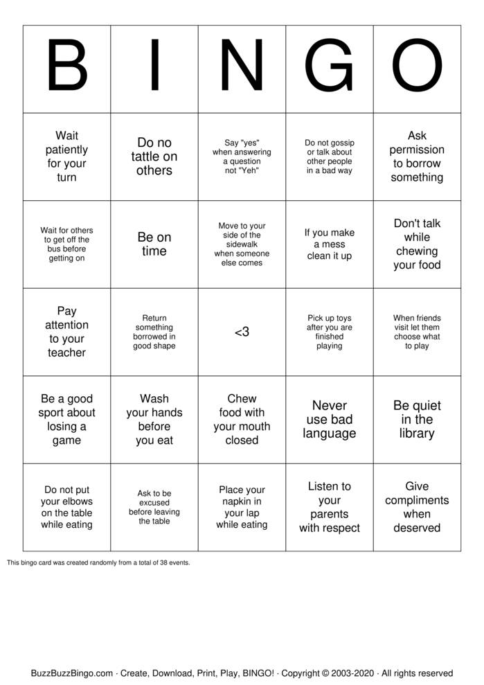 Manners Bingo Cards to Download, Print and Customize!