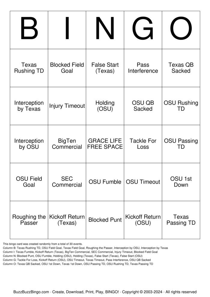 Ohio State vs Texas Bingo Cards to Download, Print and Customize!