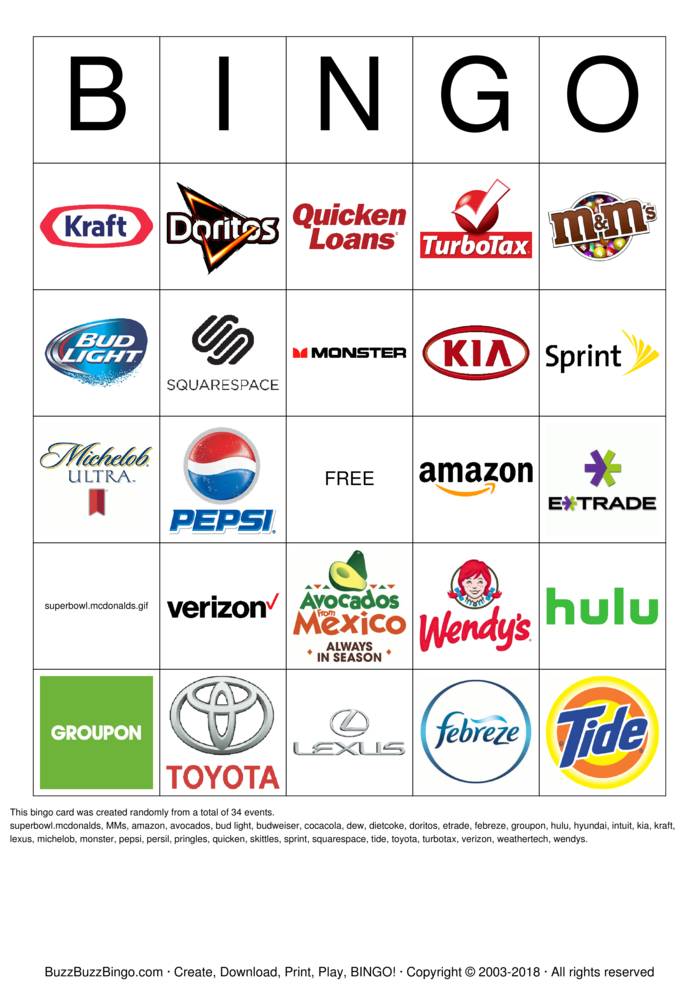 Popular name Brands Bingo Cards to Download, Print and Customize!