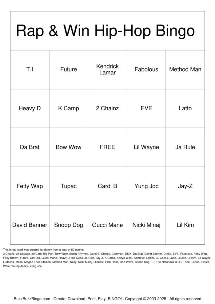 Rap & Win Hip-hop Bingo Bingo Cards to Download, Print and Customize!