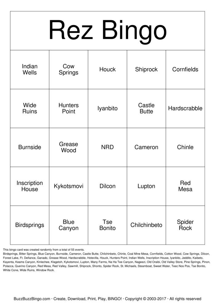 Rez Bingo Cards to Download, Print and Customize!