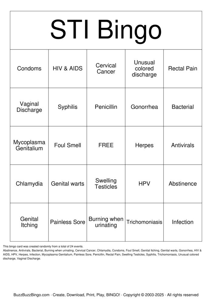 STI Bingo Cards to Download, Print and Customize!