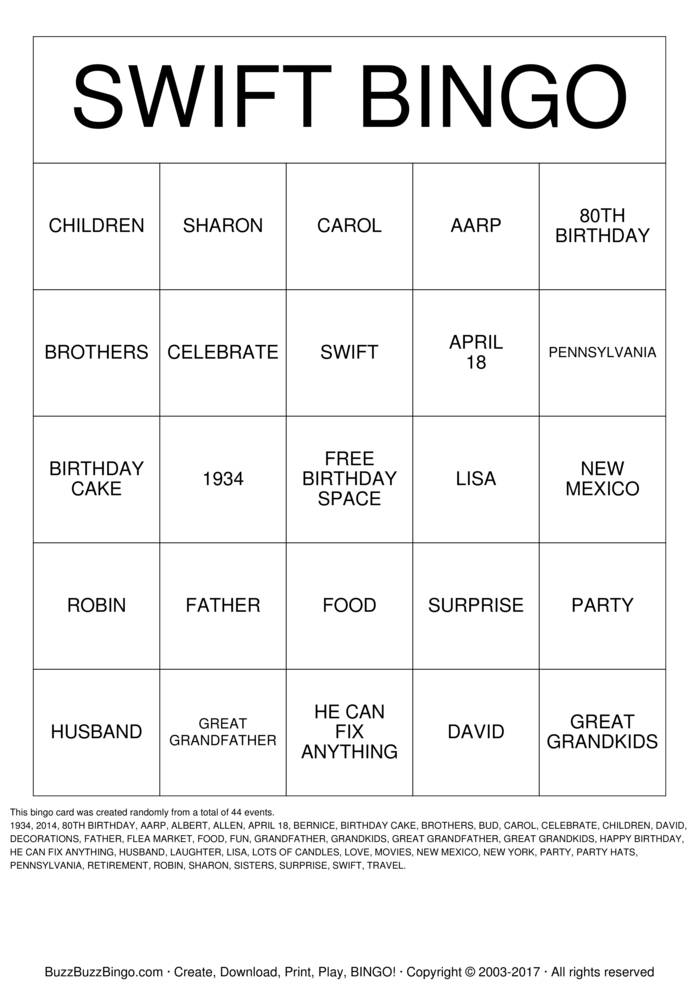 SWIFT Bingo Cards to Download, Print and Customize!