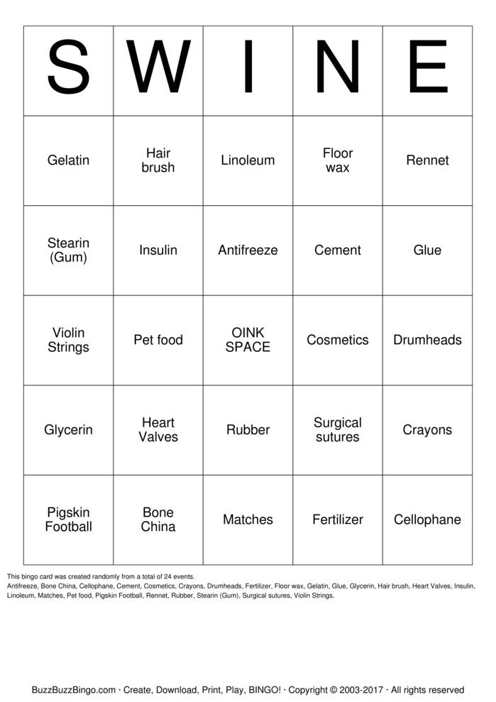 Swine By Products Bingo Cards to Download, Print and Customize!