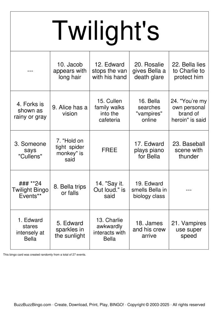 TWILIGHT BINGO Bingo Cards to Download, Print and Customize!
