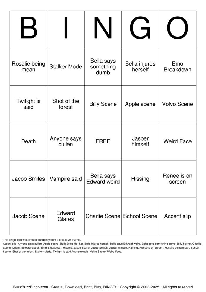 TWILIGHT BINGO Bingo Cards to Download, Print and Customize!