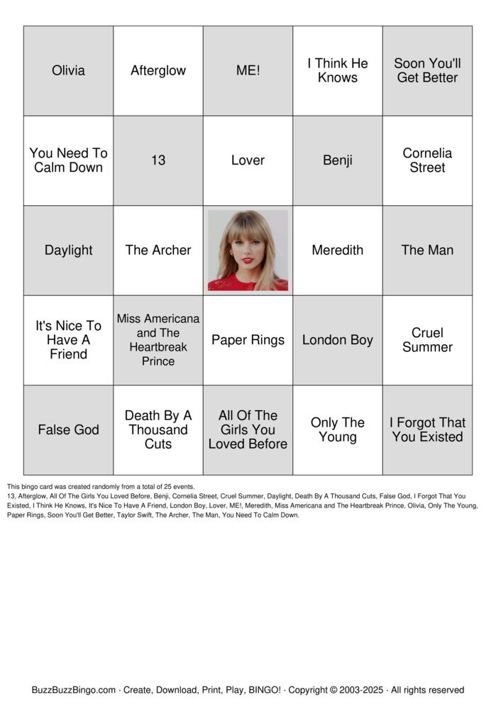 Taylor Swift Lover Bingo Cards to Download, Print and Customize!