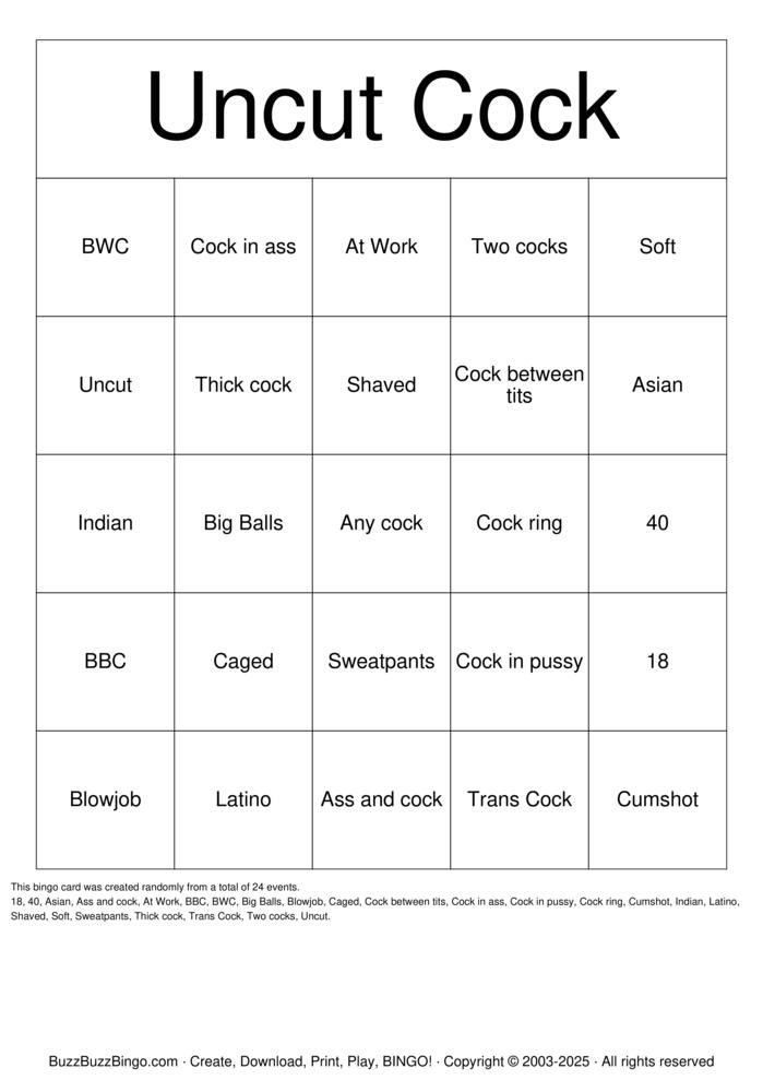 Uncut Cock Bingo Cards To Download Print And Customize
